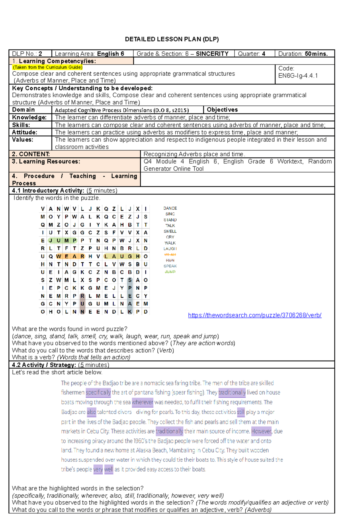 COT2 DLP Lesson Plan on Adverbs and Indigenous People in English 6 ...