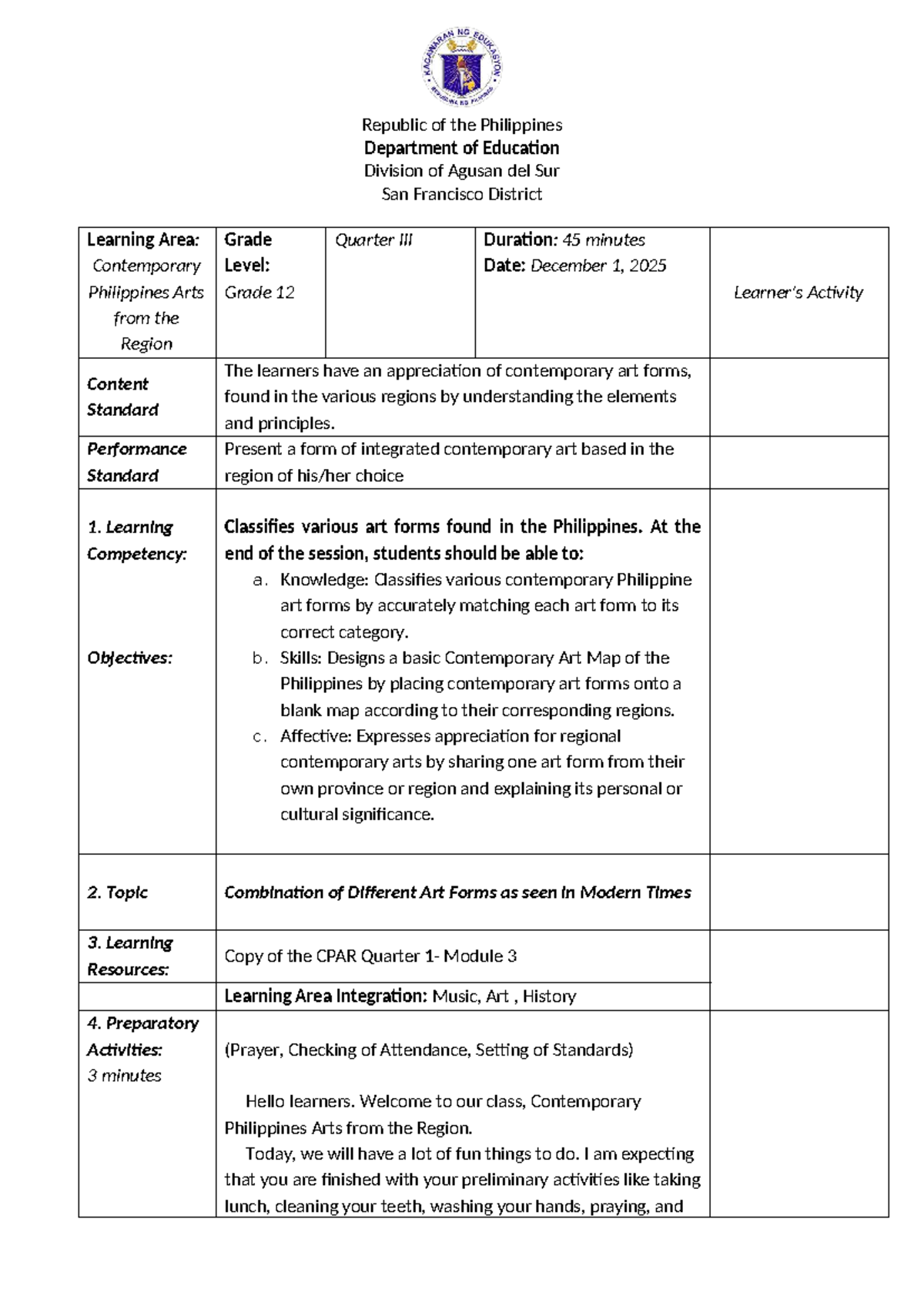 Grade 12 Contemporary Philippine Arts Lesson Plan (LP2) - Studocu