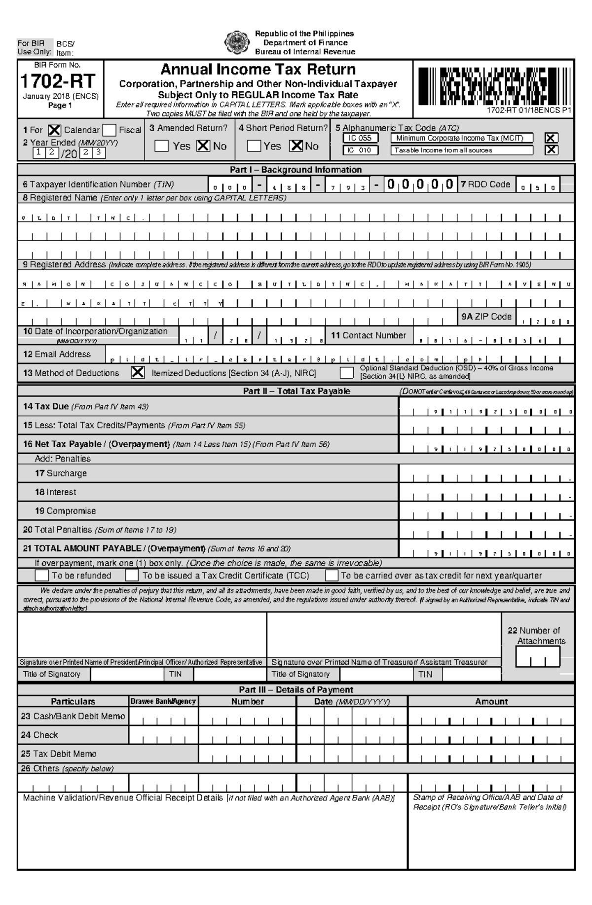 BIR Form 1702 - RT: Annual Income Tax Return for Corporations (2018 ...