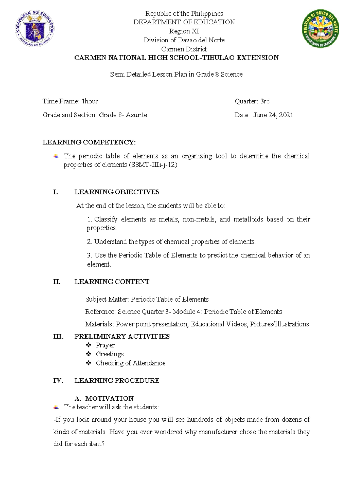 Semi-Detailed Lesson Plan for Grade 8 Science: COT2 - DLL - Studocu
