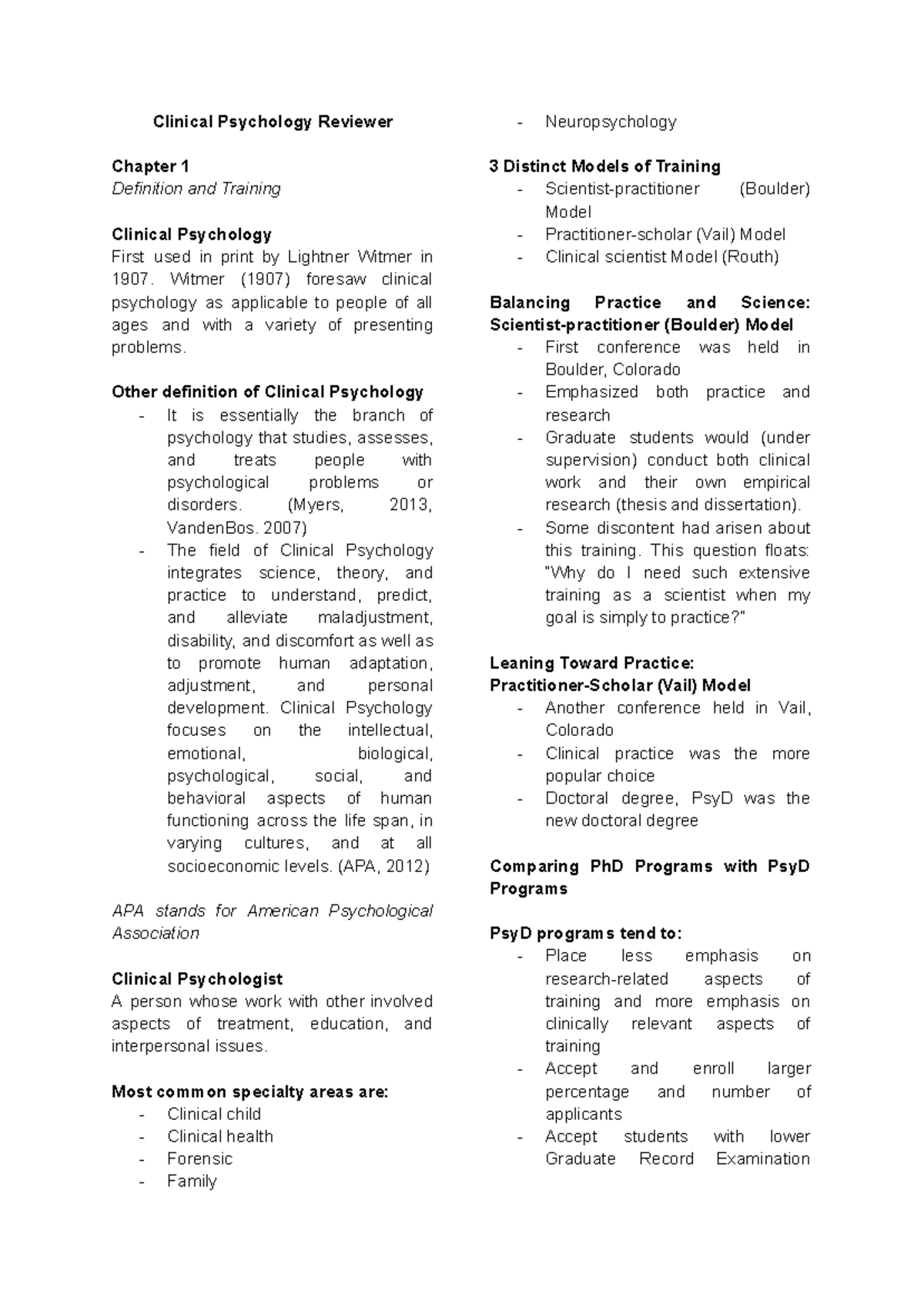 Chapter 1 Overview of Clinical Psychology Fundamentals - Studocu