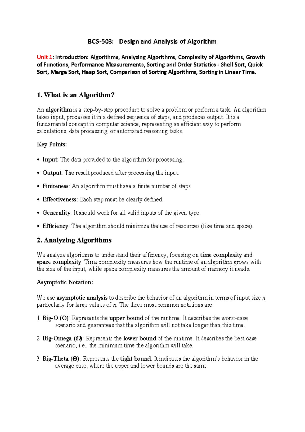 Unit 1: DAA - Algorithms, Analysis, and Sorting Techniques - Studocu