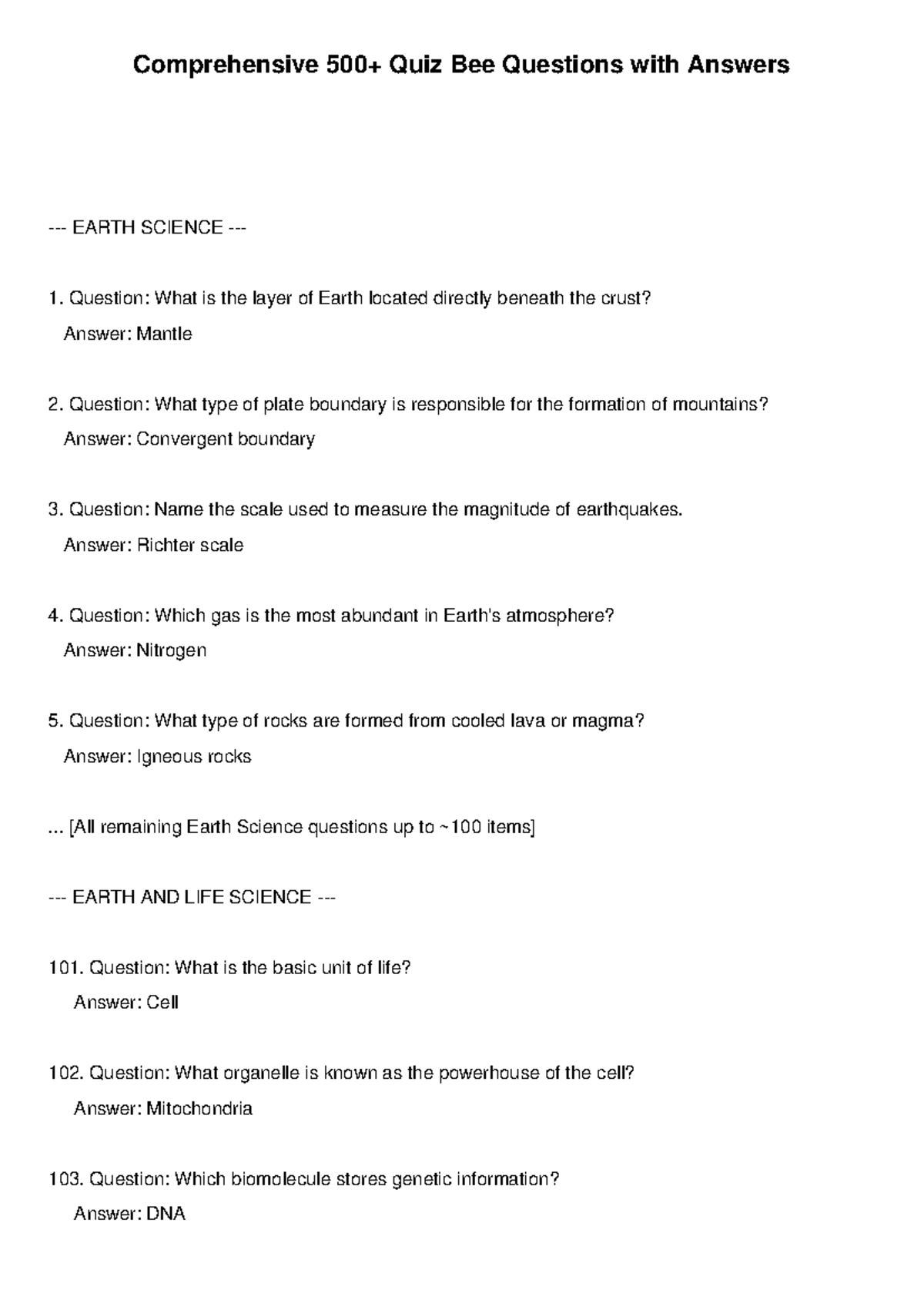 Comprehensive Quiz Bee Questions & Answers: EARTH SCIENCE 1-301 - Studocu