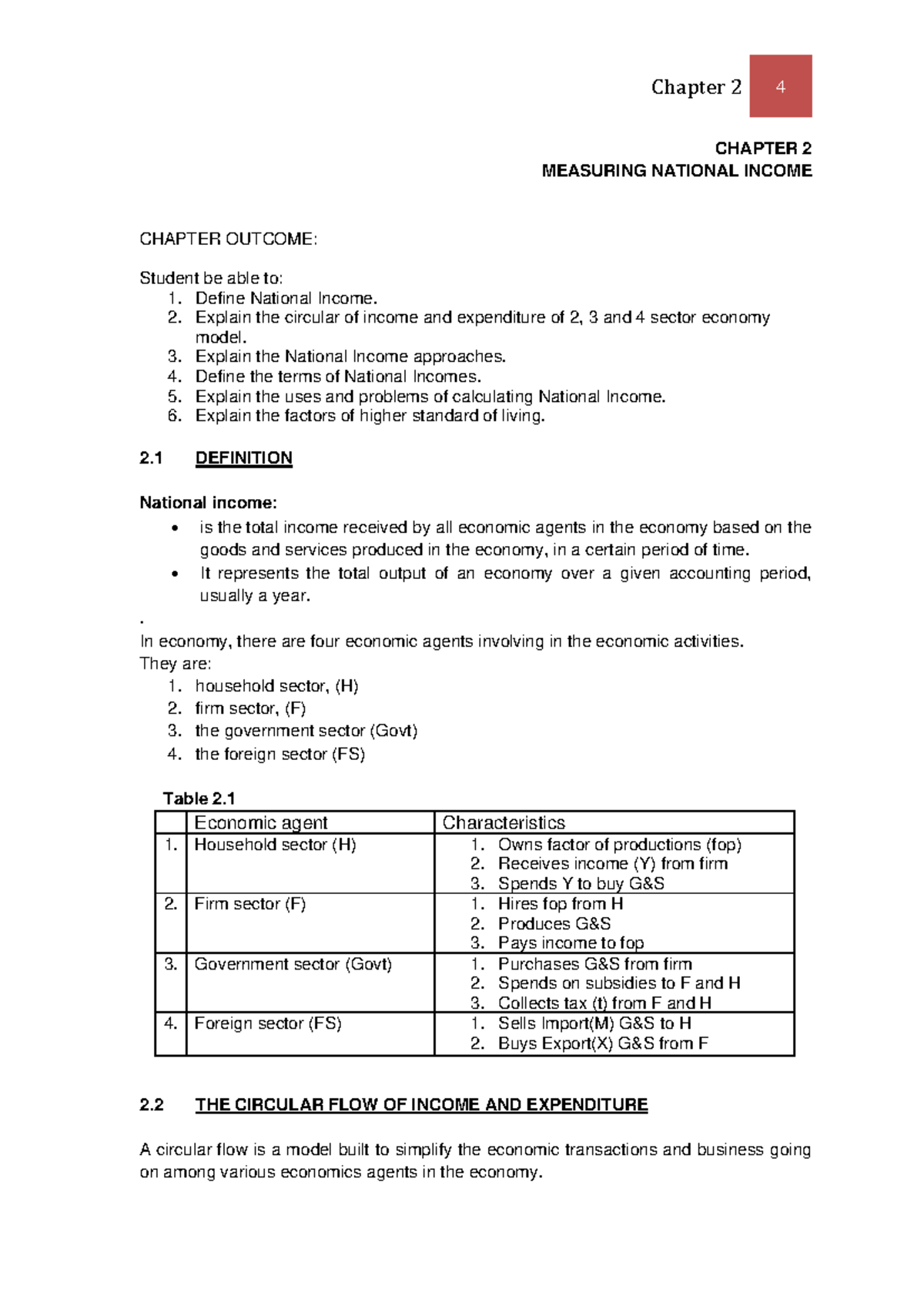 Chapter 2: Measuring National Income - Key Concepts and Models (ECO ...