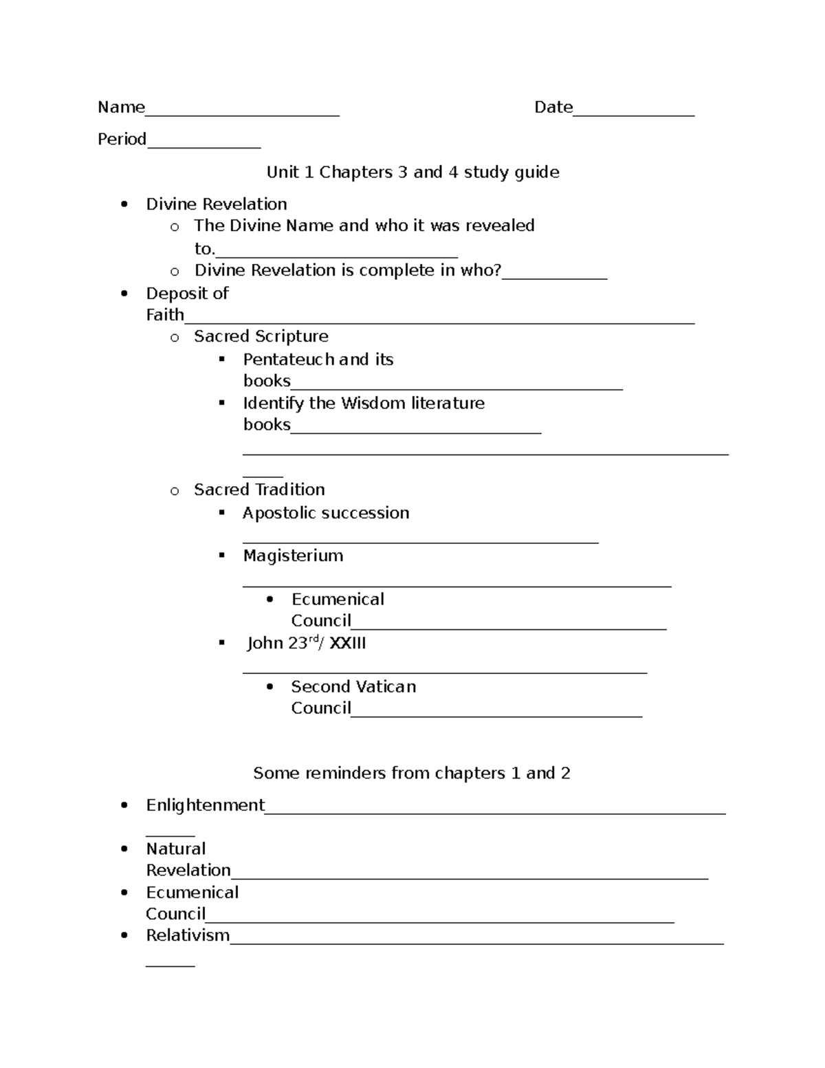 Unit 1 Study Guide: Chapters 3 and 4 on Divine Revelation and Scripture ...