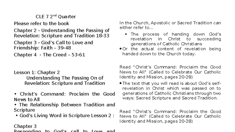 CLE 7 2nd Quarter: Understanding Revelation, Tradition, and Faith - Studocu