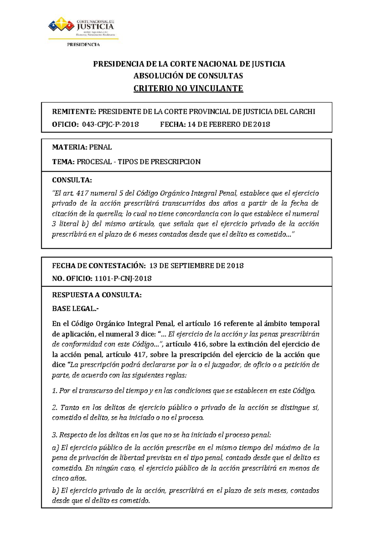 Tipos de Prescripción en el Código Orgánico Integral Penal (COIP) - Studocu