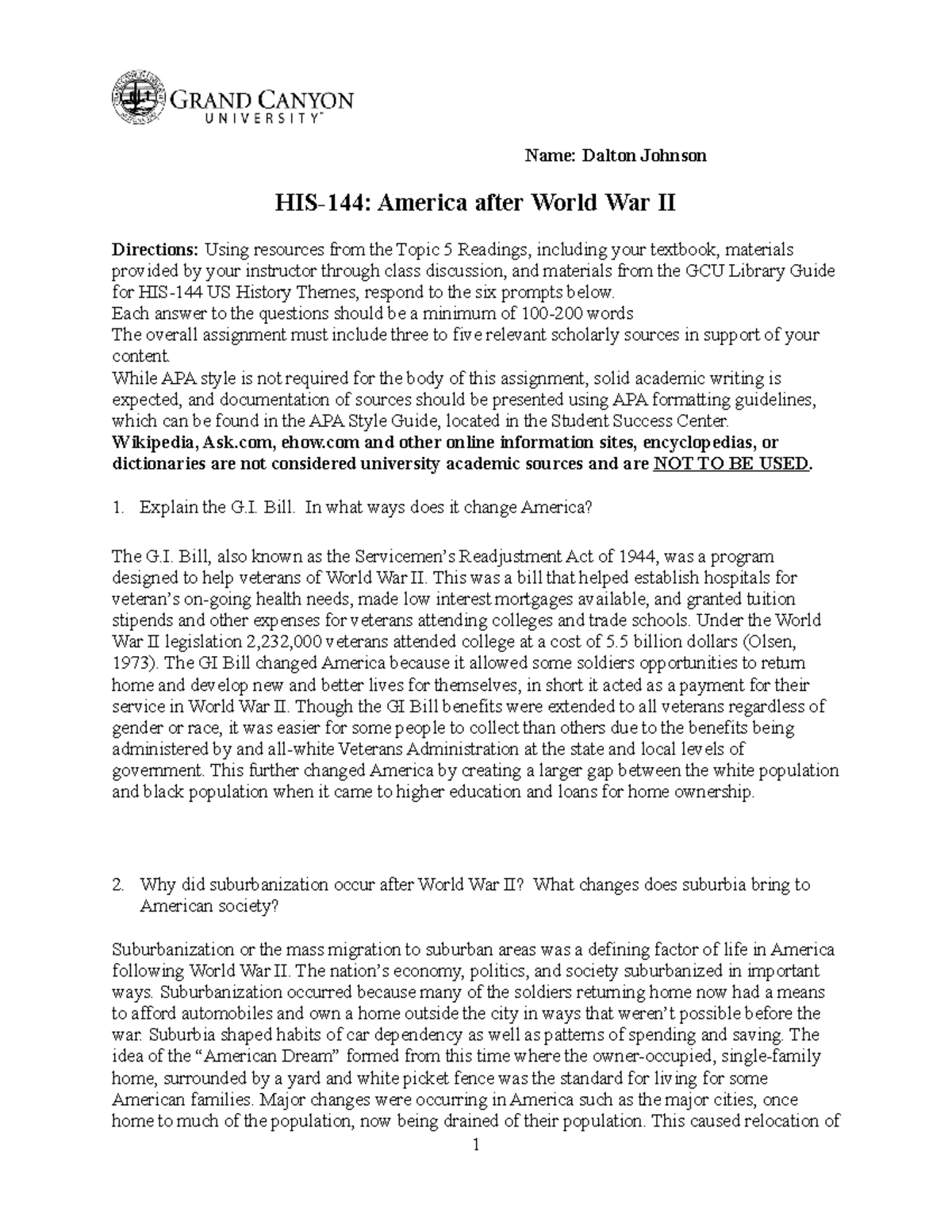 HIS 144 T5 - Topic 5 assignment - Name: Dalton Johnson HIS-144: America ...