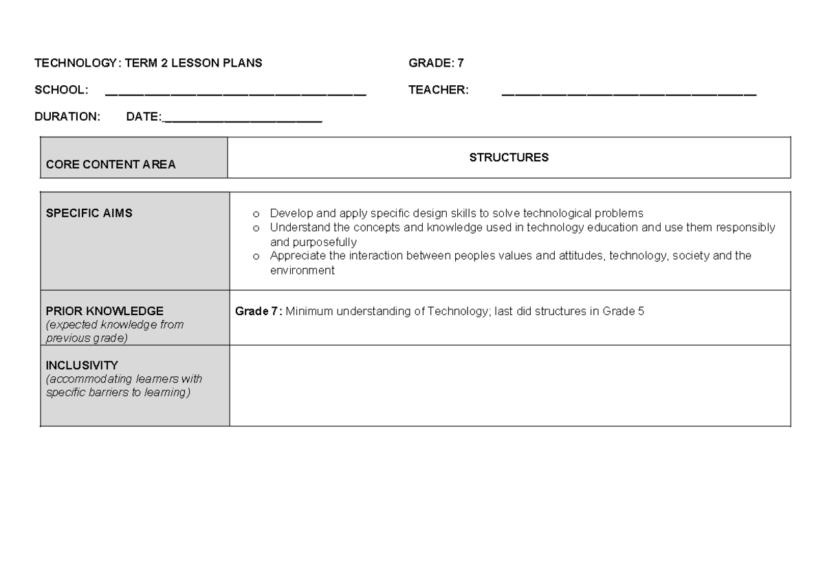 Grade 7 Technology Term 2 Lesson Plans: Structures Overview - Studocu