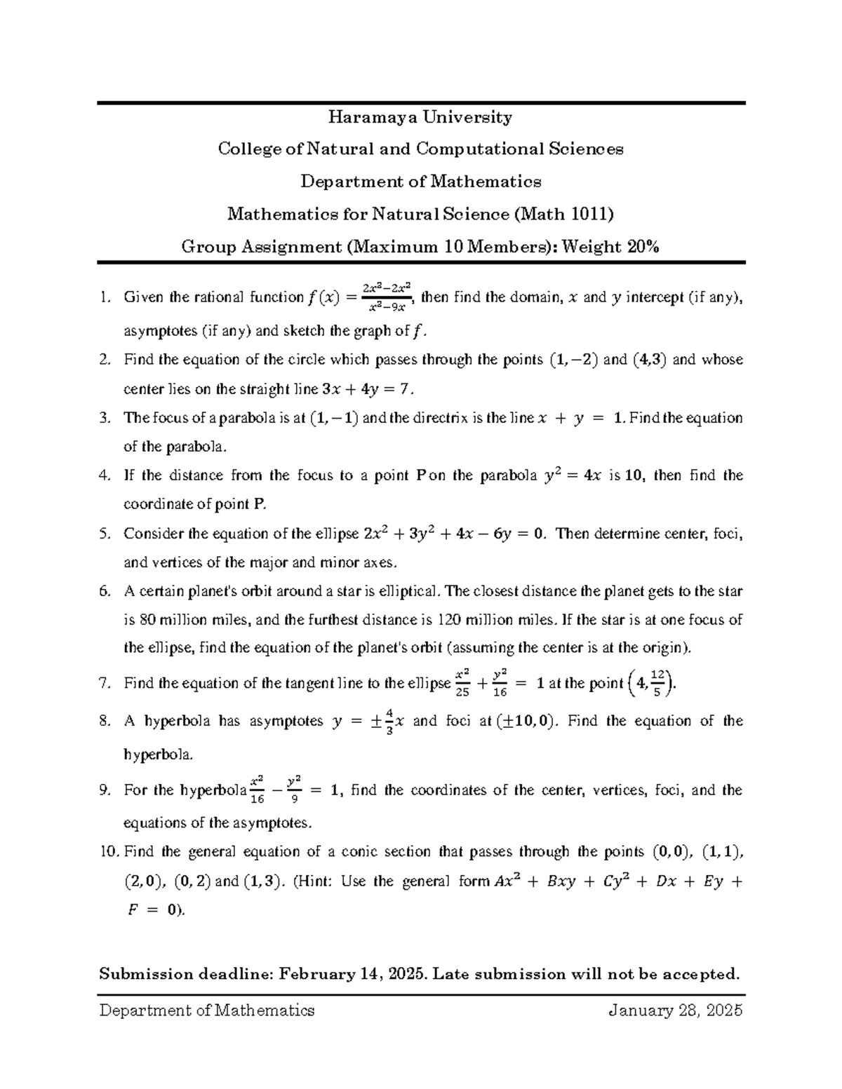 Math 1011 Group Assignment: Rational Functions & Conics - Studocu