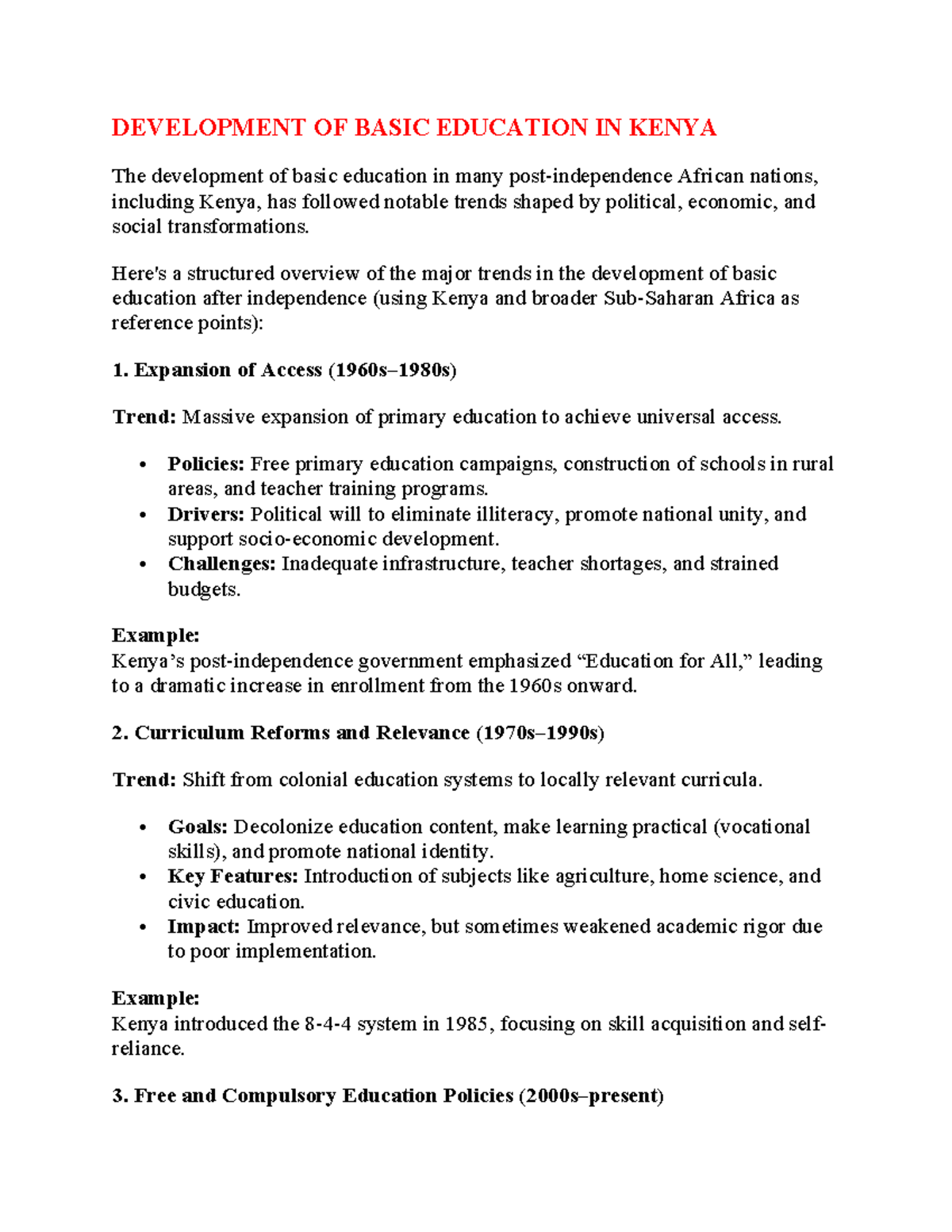 DEVELOPMENT OF BASIC EDUCATION IN KENYA: TRENDS AND REFORMS - Studocu