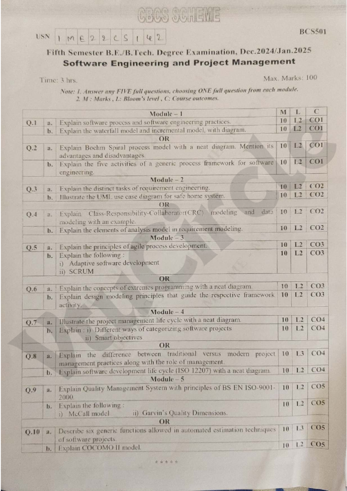 BCS501 Fifth Semester Software Engineering Exam Paper - Studocu