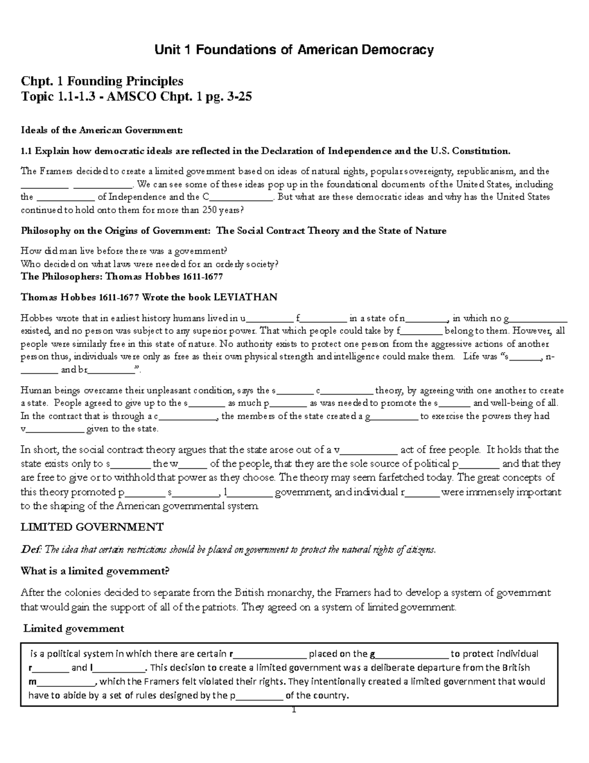 Topic 1 - Foundations of American Democracy: AMSCO Chpts. 1.1-1.3 ...