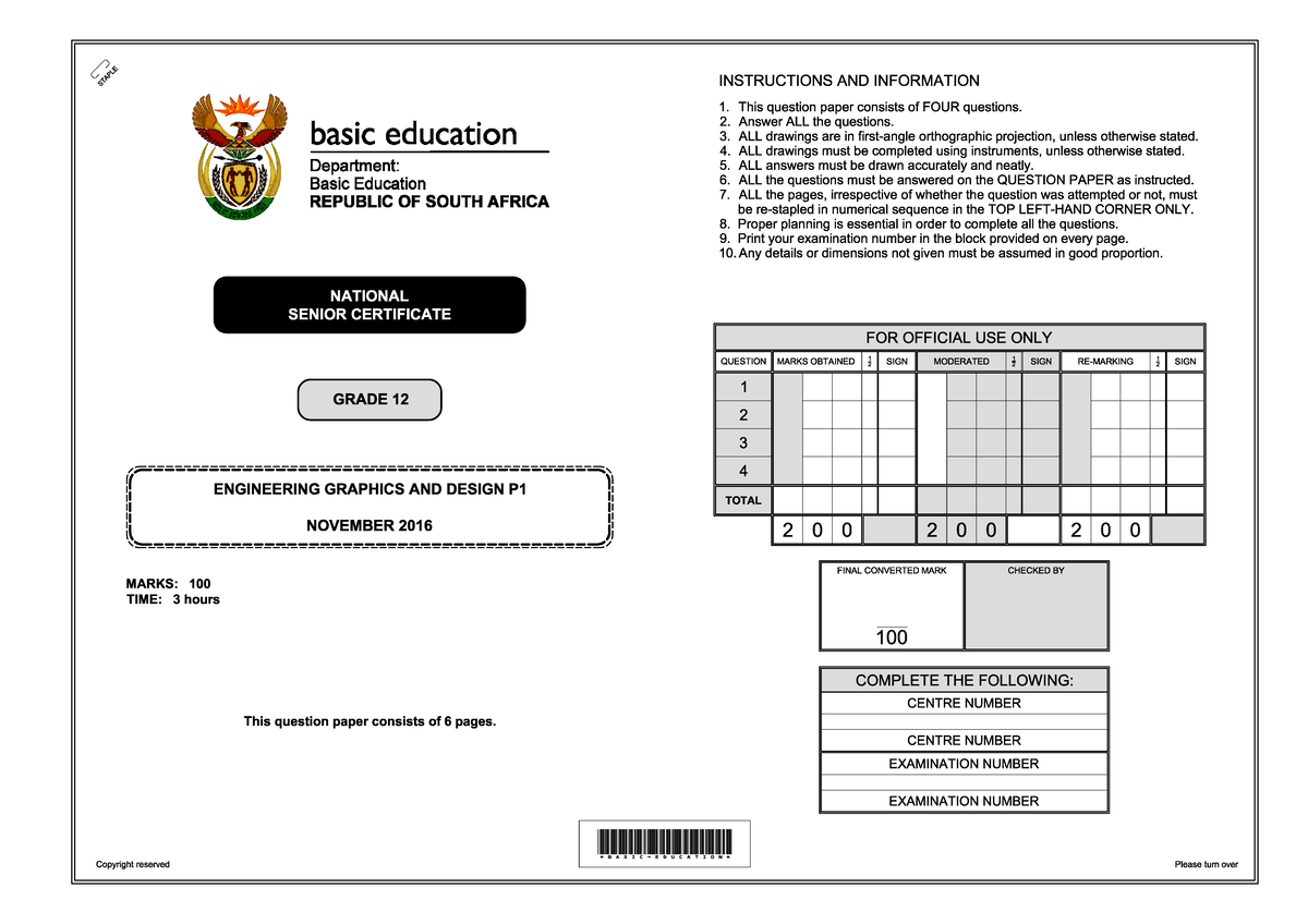 Engineering Graphics & Design P1 Final Exam Nov 2016 Guide - Studocu