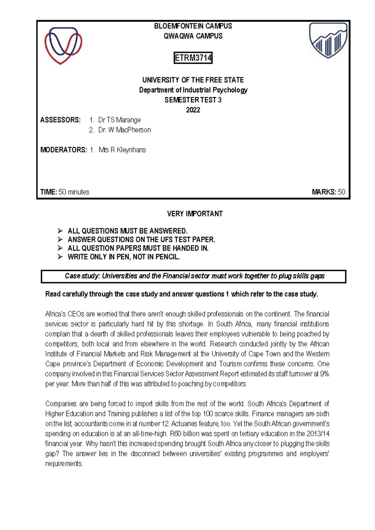 Semester Test 3 Memo - Case Study on Skills Gap in Finance Sector UFS ...