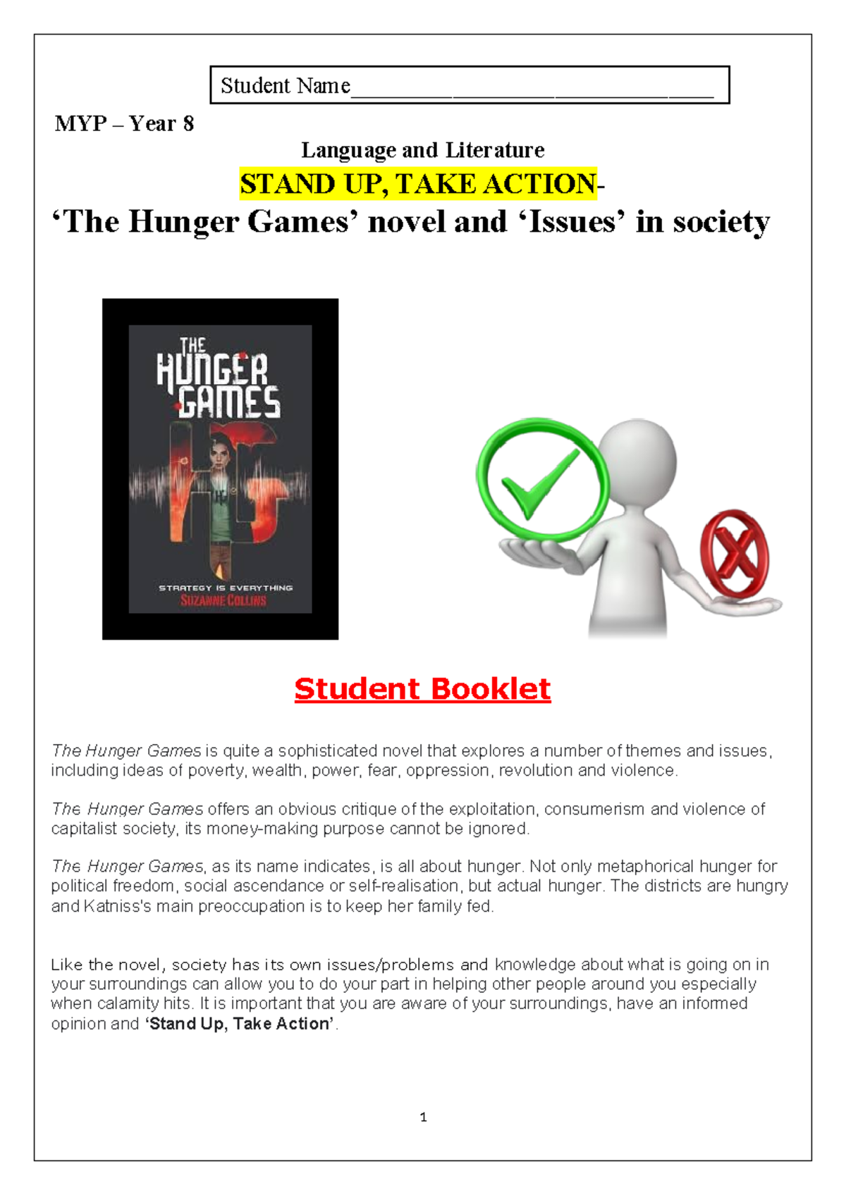 MYP Year 8 Language & Literature: The Hunger Games - Student Booklet ...