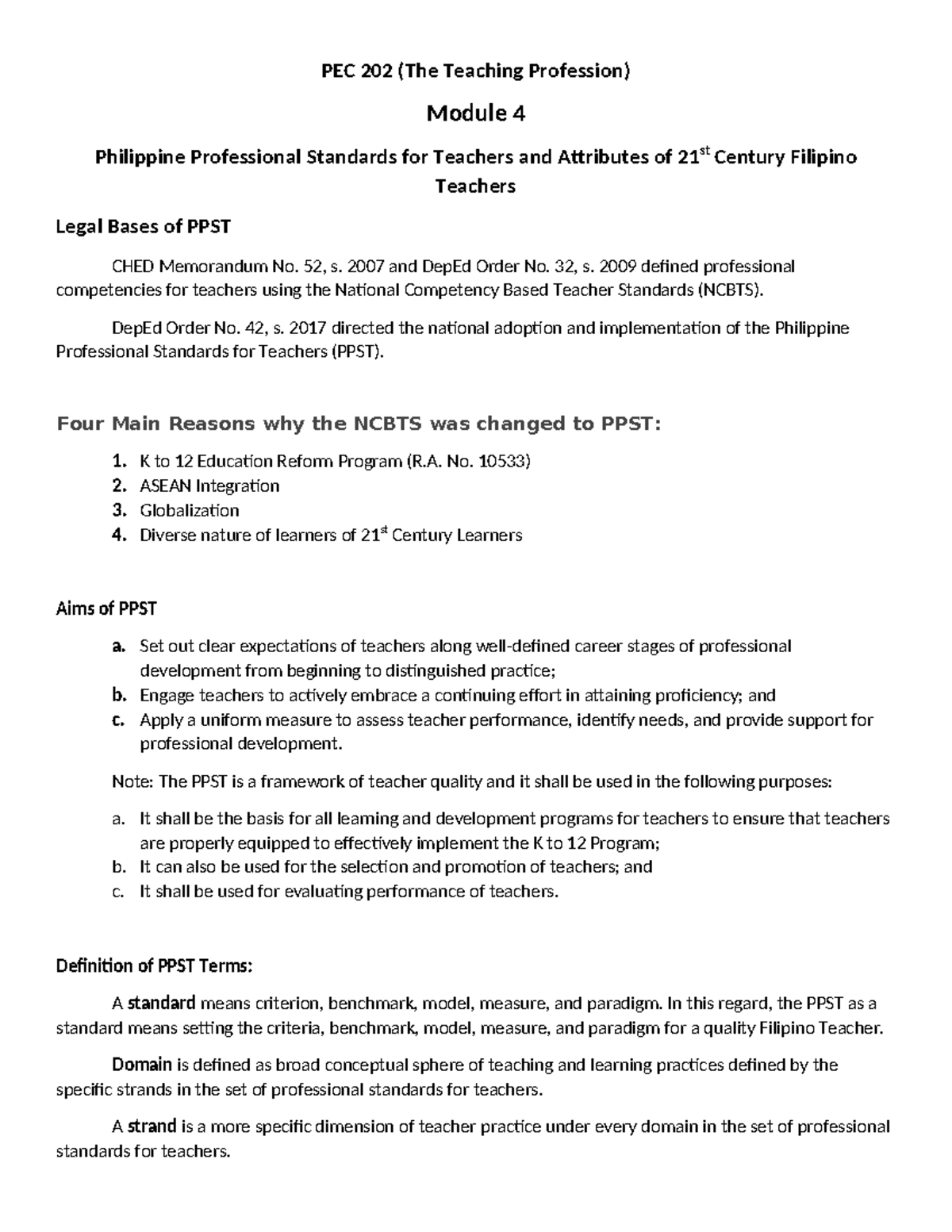 Module 4: Philippine Professional Standards for Teachers (PEC 202) - Studocu