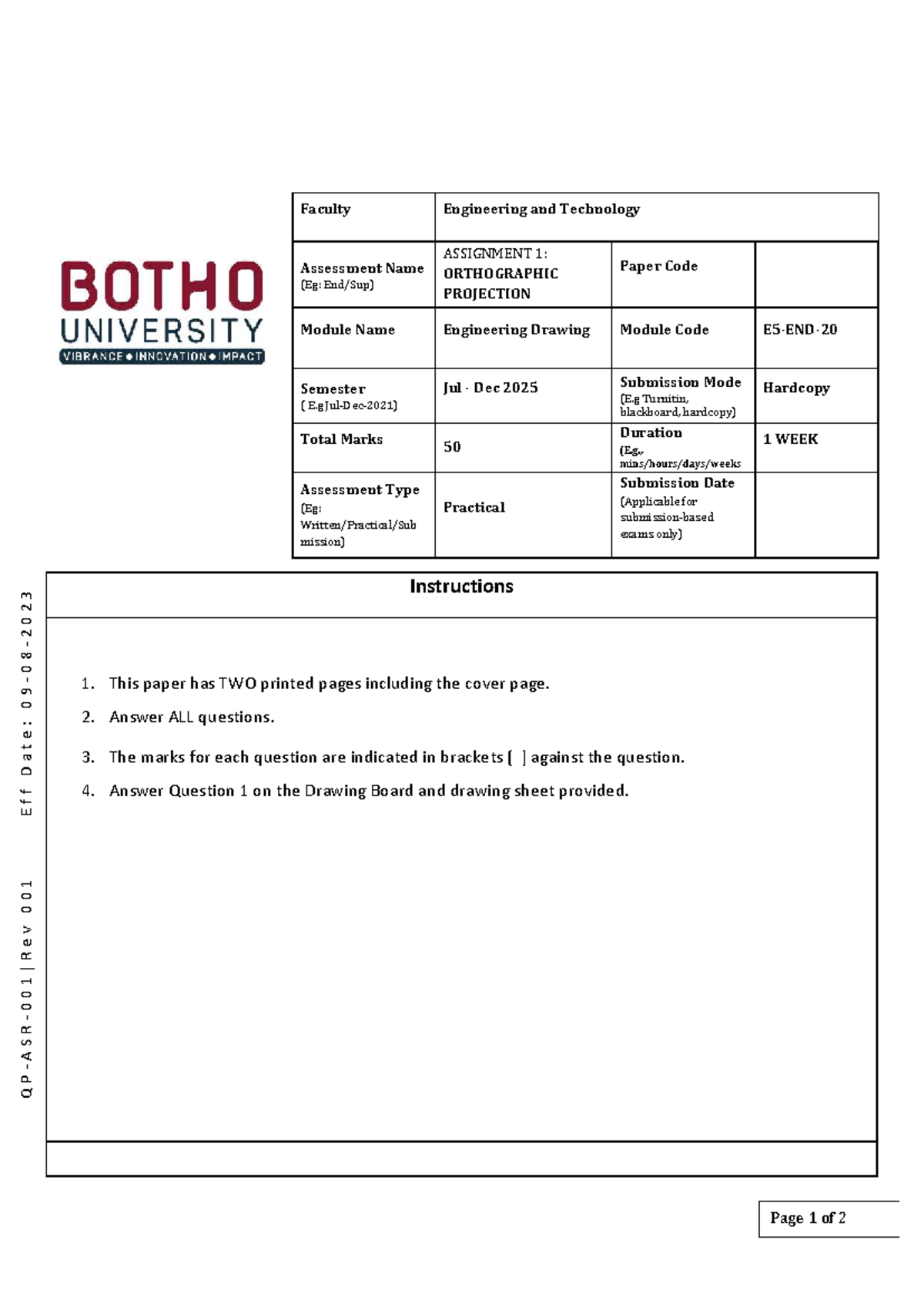 E5-END-20 Engineering Drawing Assignment 1: Orthographic Projection - Studocu