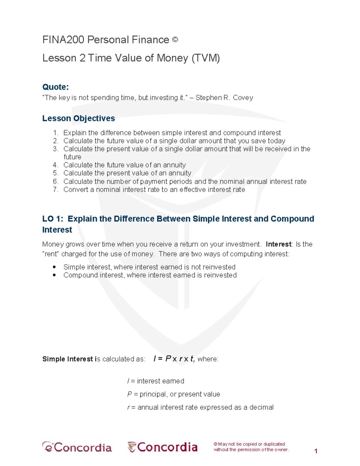 FINA200 Personal Finance Lesson 2: Time Value of Money (TVM) Summary ...