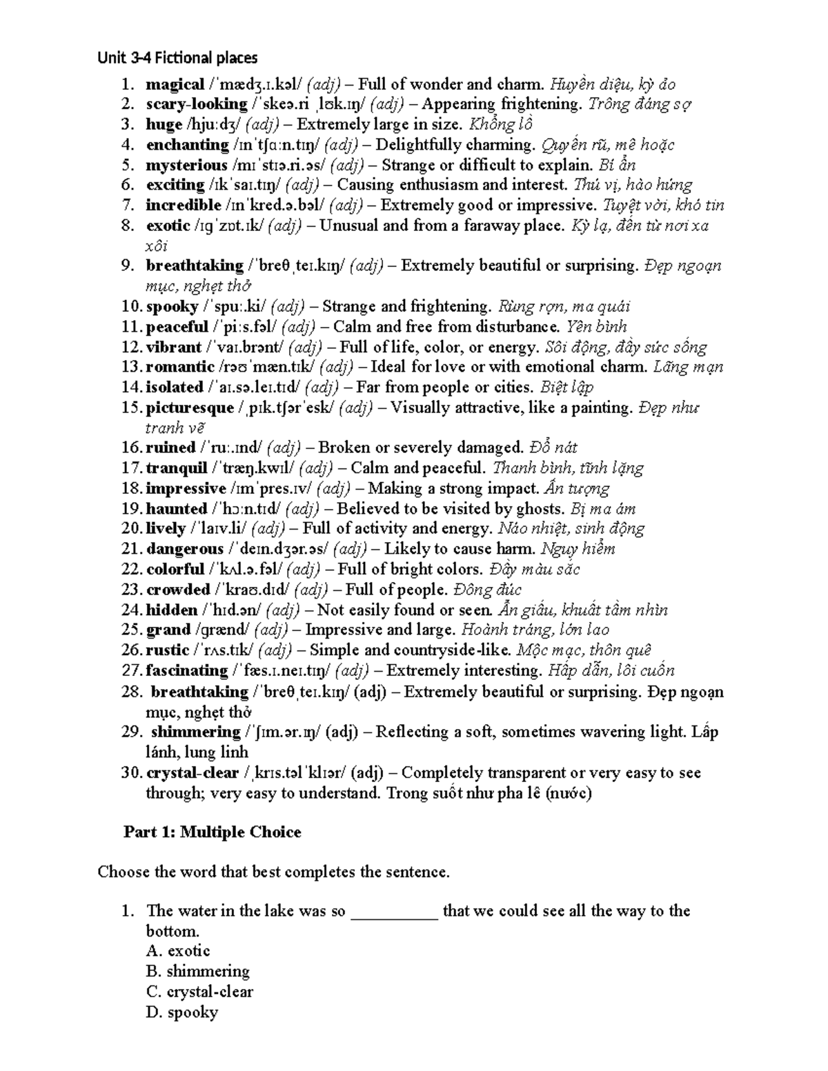 Unit 3 - Exercise on Fictional Places and Descriptive Adjectives - Studocu