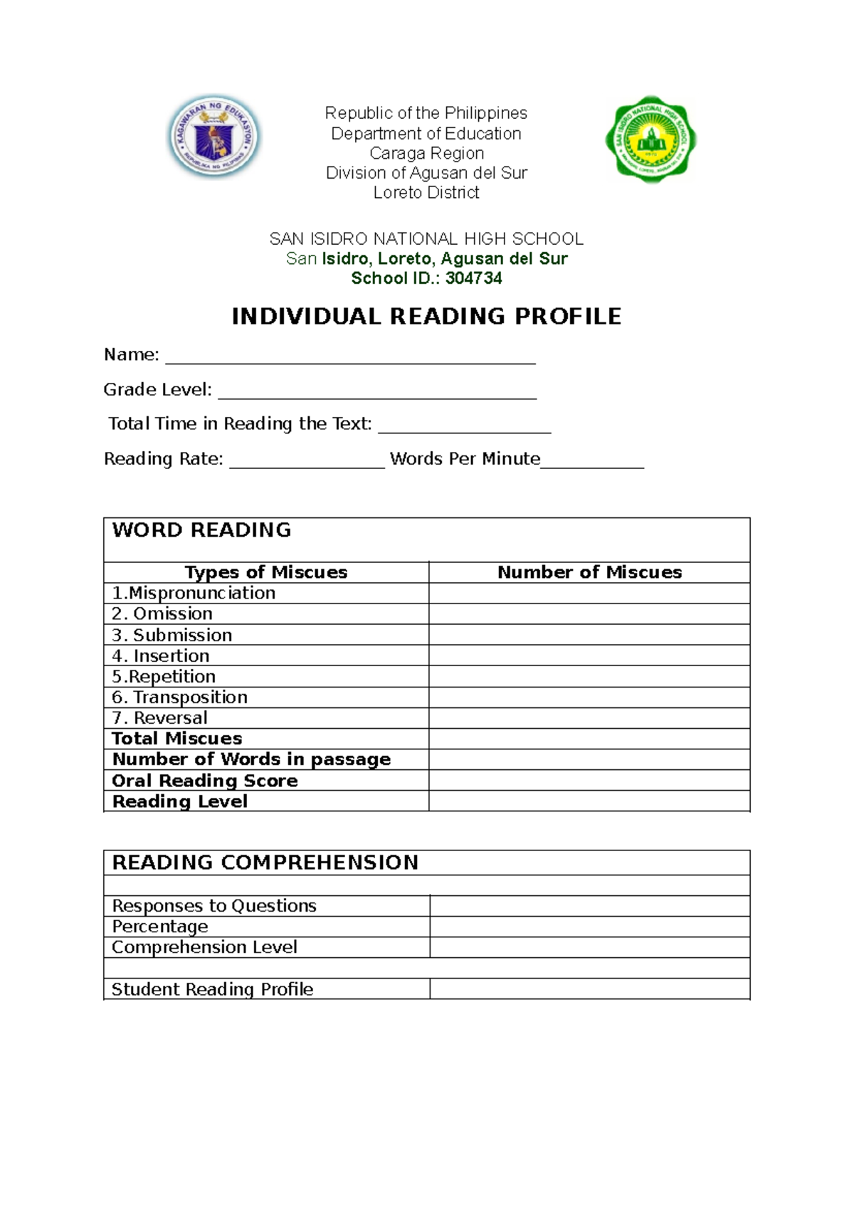 Individual Reading Profile Template - Republic of the Philippines ...