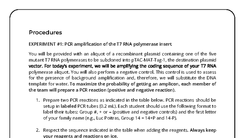 L1P - Lab Procedure for PCR Amplification of T7 RNA Polymerase - Studocu