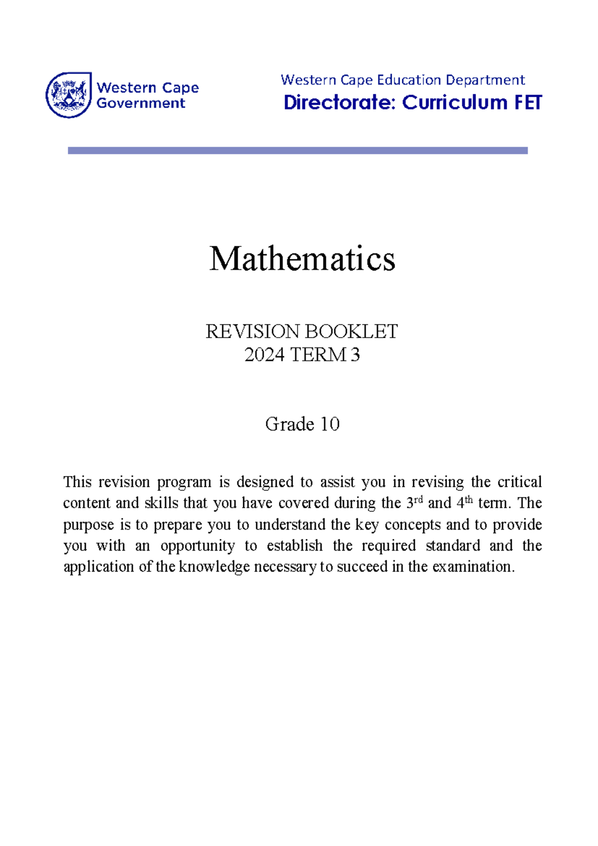Grade 10 Math Term 3 Revision Material 2024 - Final Memo - Studocu