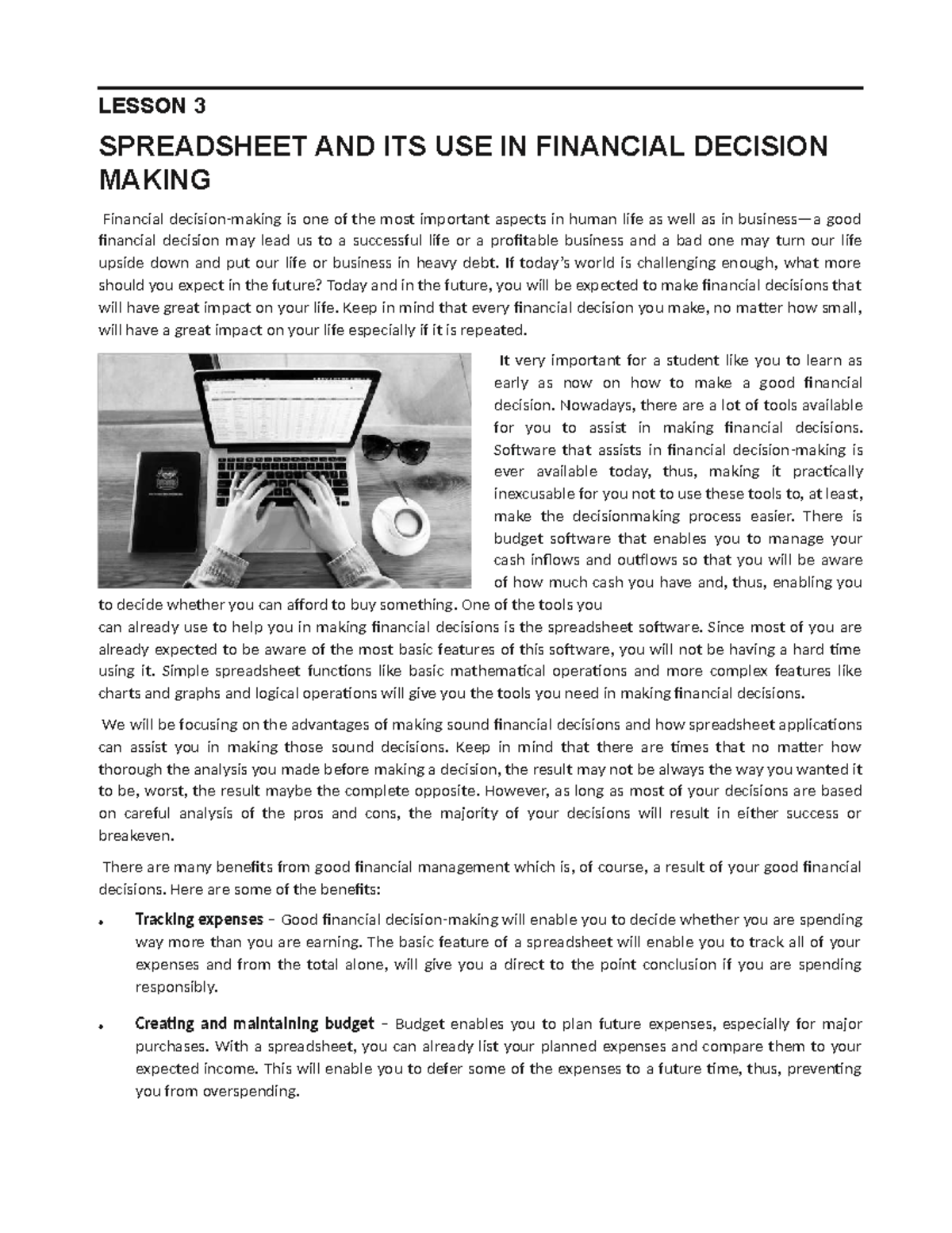 LESSON 3: SPREADSHEET USE IN FINANCIAL DECISION MAKING (ICT U1) - Studocu