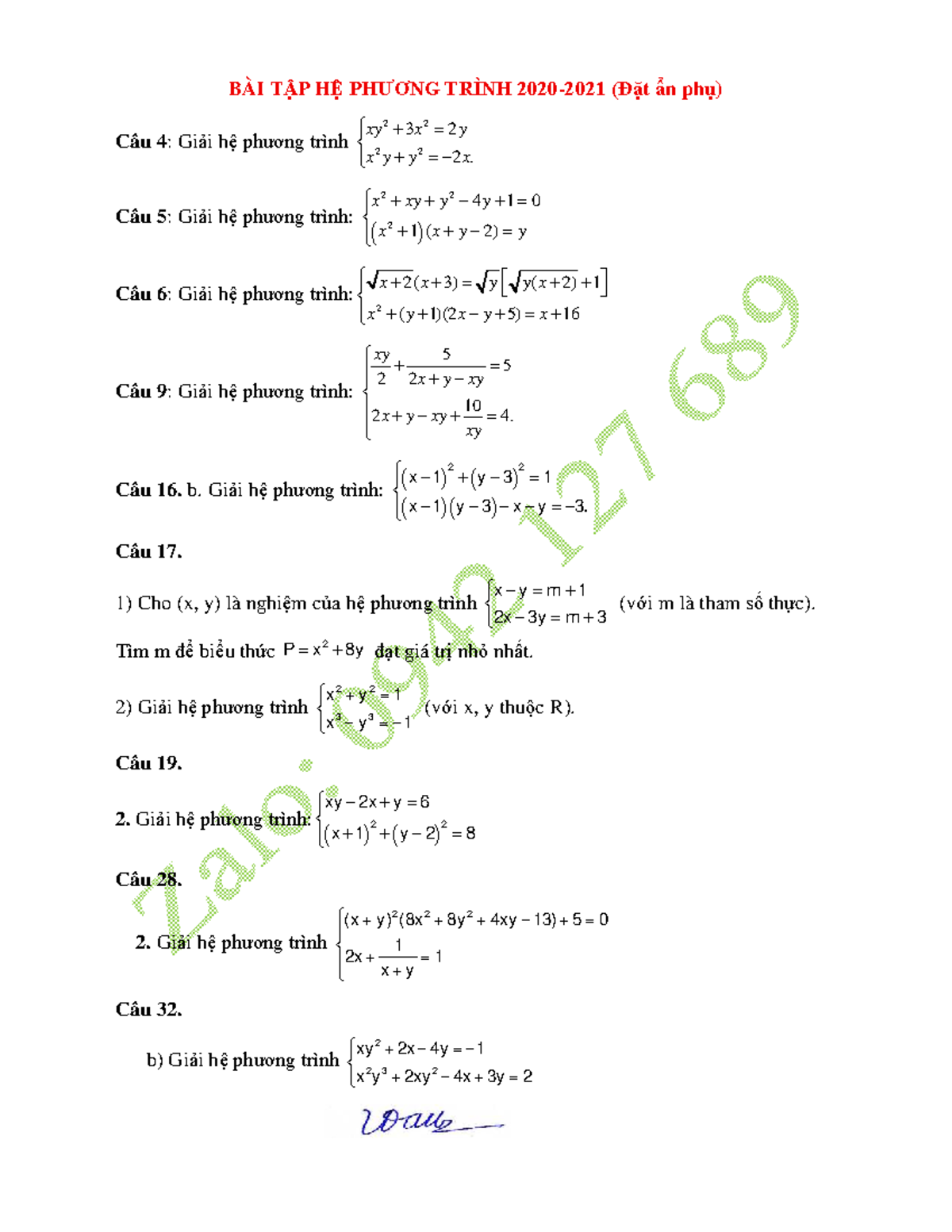 BÀI TẬP HỆ PHƯƠNG TRÌNH (Đặt ẩn phụ) - Lần 5 - Studocu