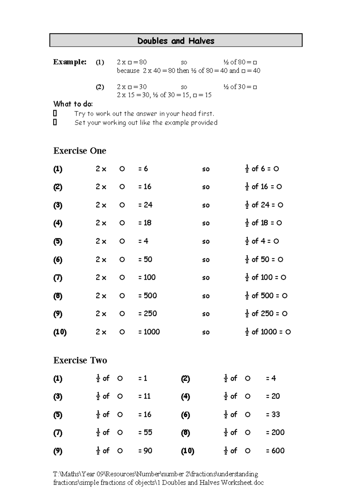 Doubles and Halves Worksheet: Exercises and Examples - Studocu