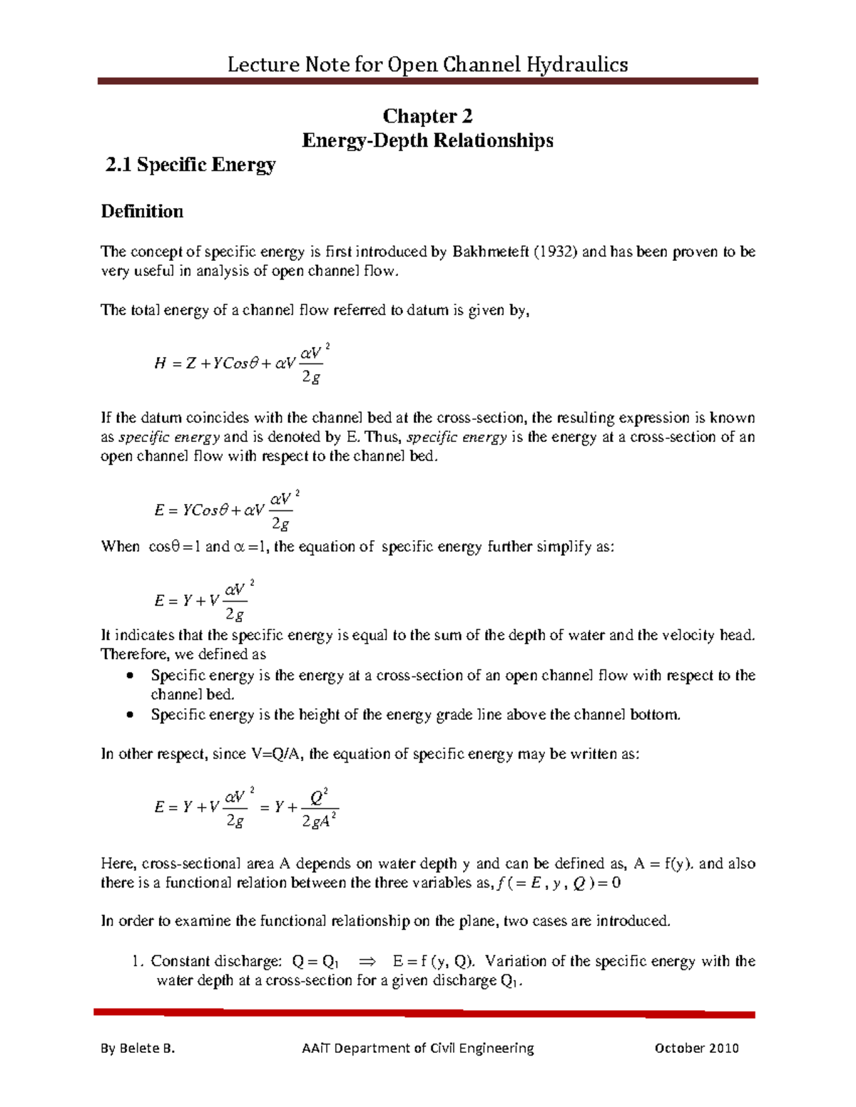 Lecture Note CE 101: Energy Depth Relationships in Open Channels - Studocu