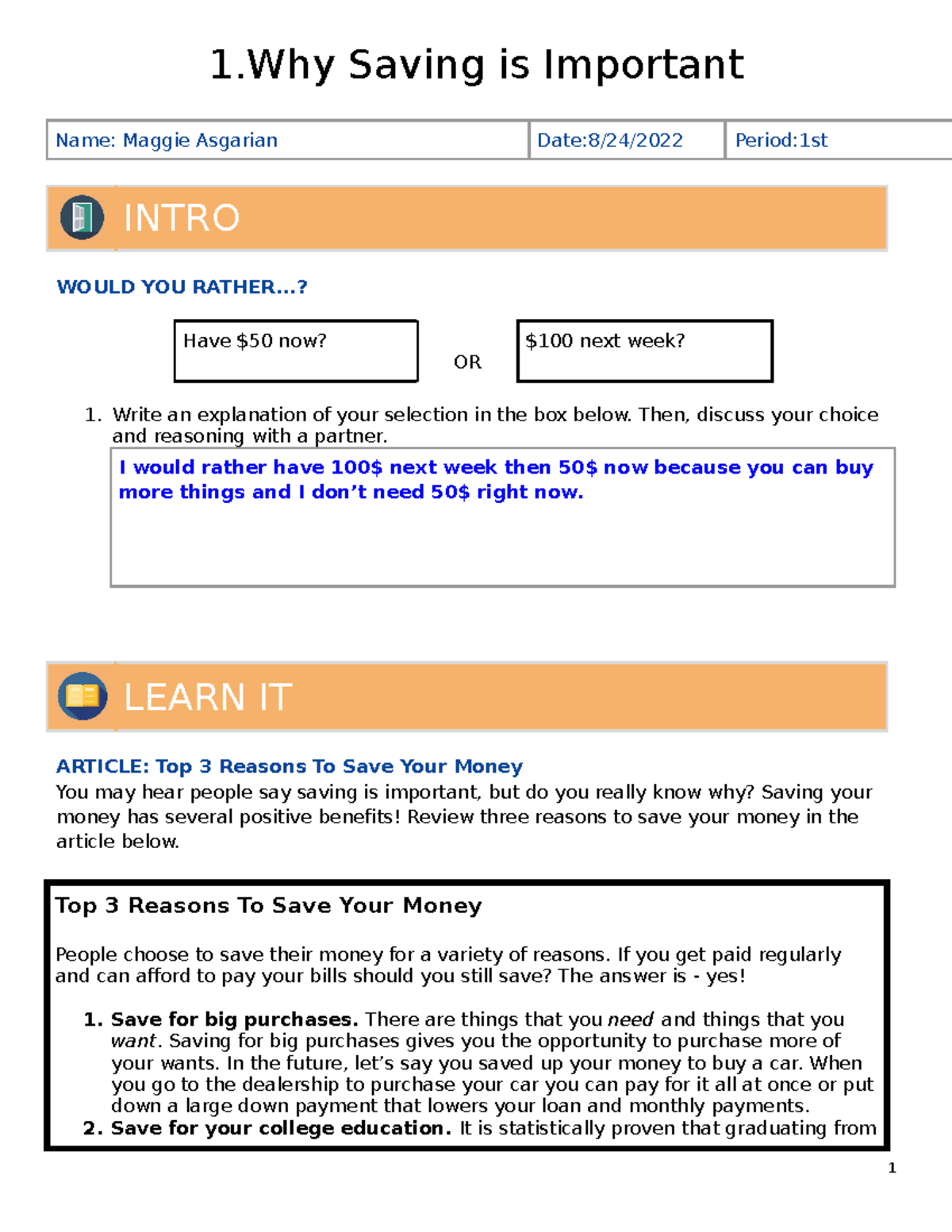 1. Why Saving is Important - 1 Saving is Important Name: Maggie ...