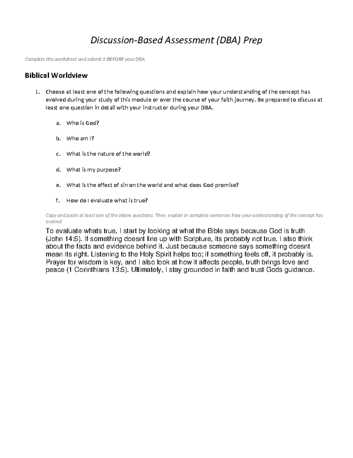 DBA Prep Worksheet 2 - Discussion-Based Assessment (DBA) Prep Complete ...