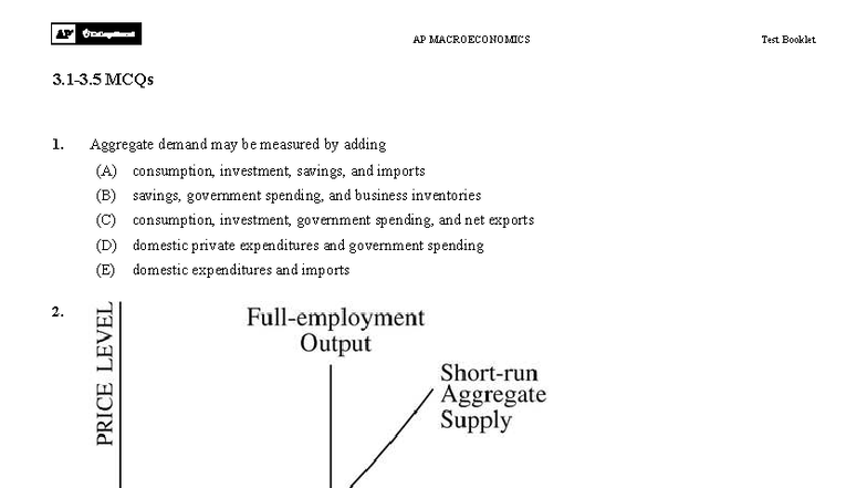 AP Macroeconomics U3 Test Booklet MCQs - Studocu