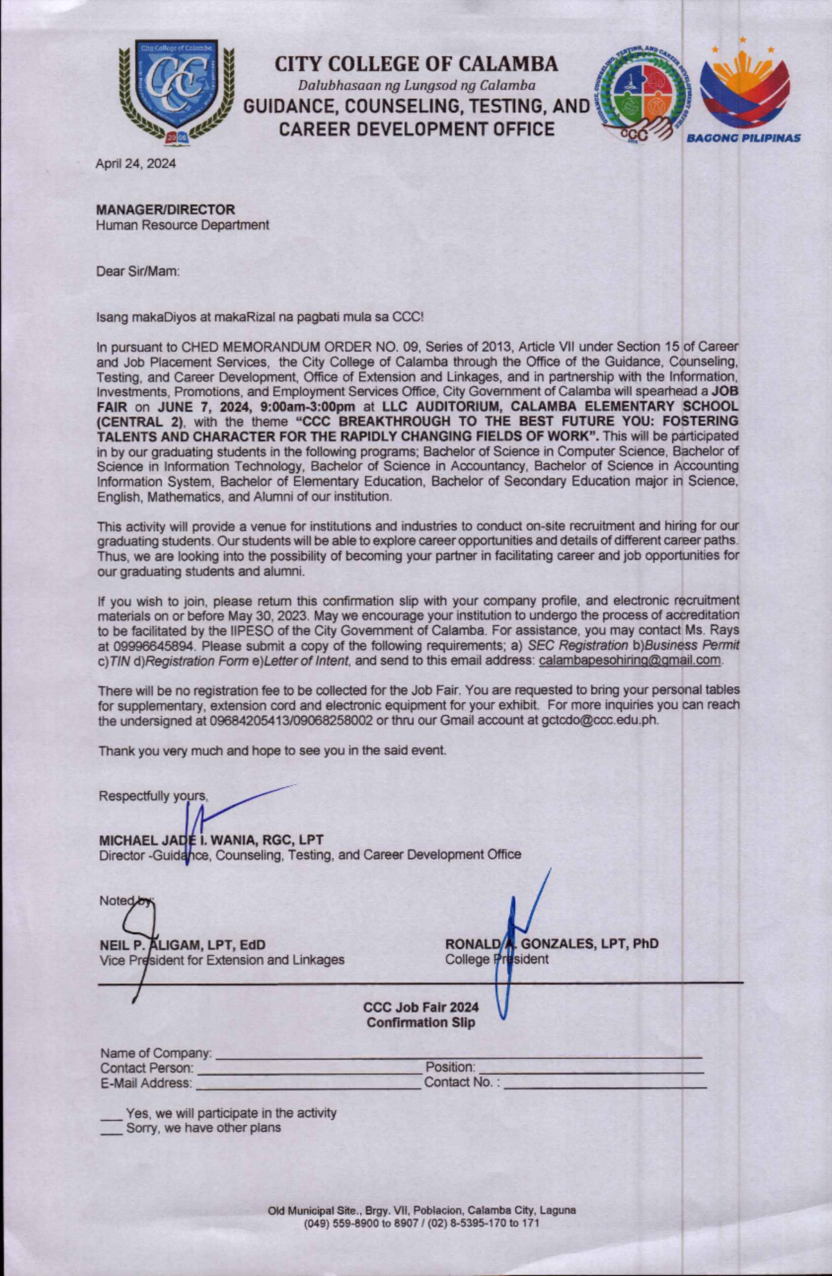 Invitation Letter for CCC Job Fair - Studocu
