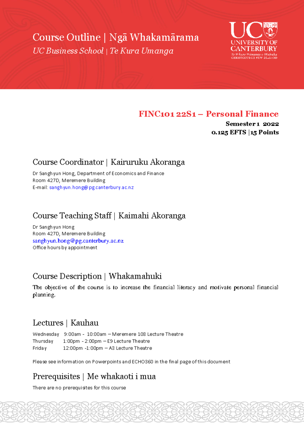 FINC101-22S1 Personal Finance Course Outline for Semester 1 - Studocu