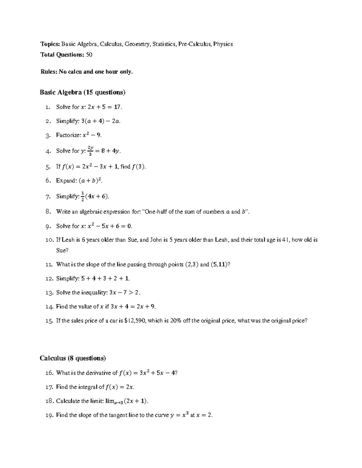Math Quiz: Basic Algebra, Calculus, Geometry, Statistics (50 Qs) - Studocu
