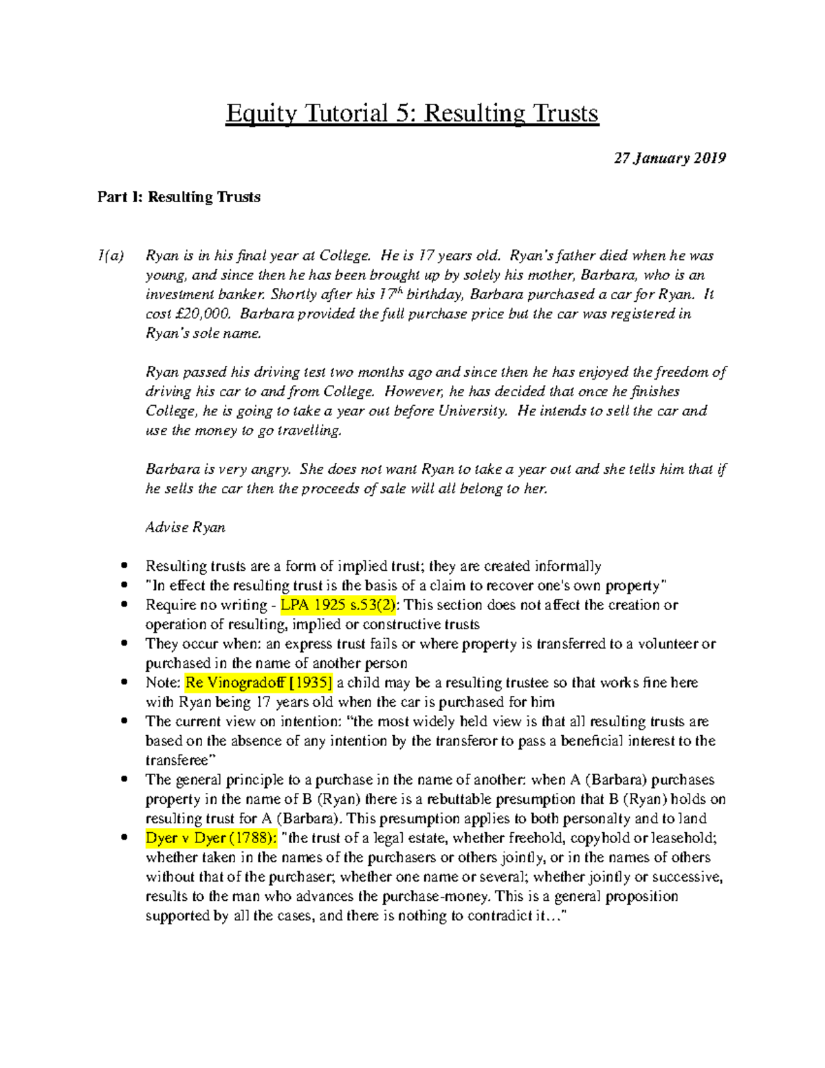 Tutorial 5- Equity - Equity Tutorial 5: Resulting Trusts 27 January 2019 Part I: Resulting ...