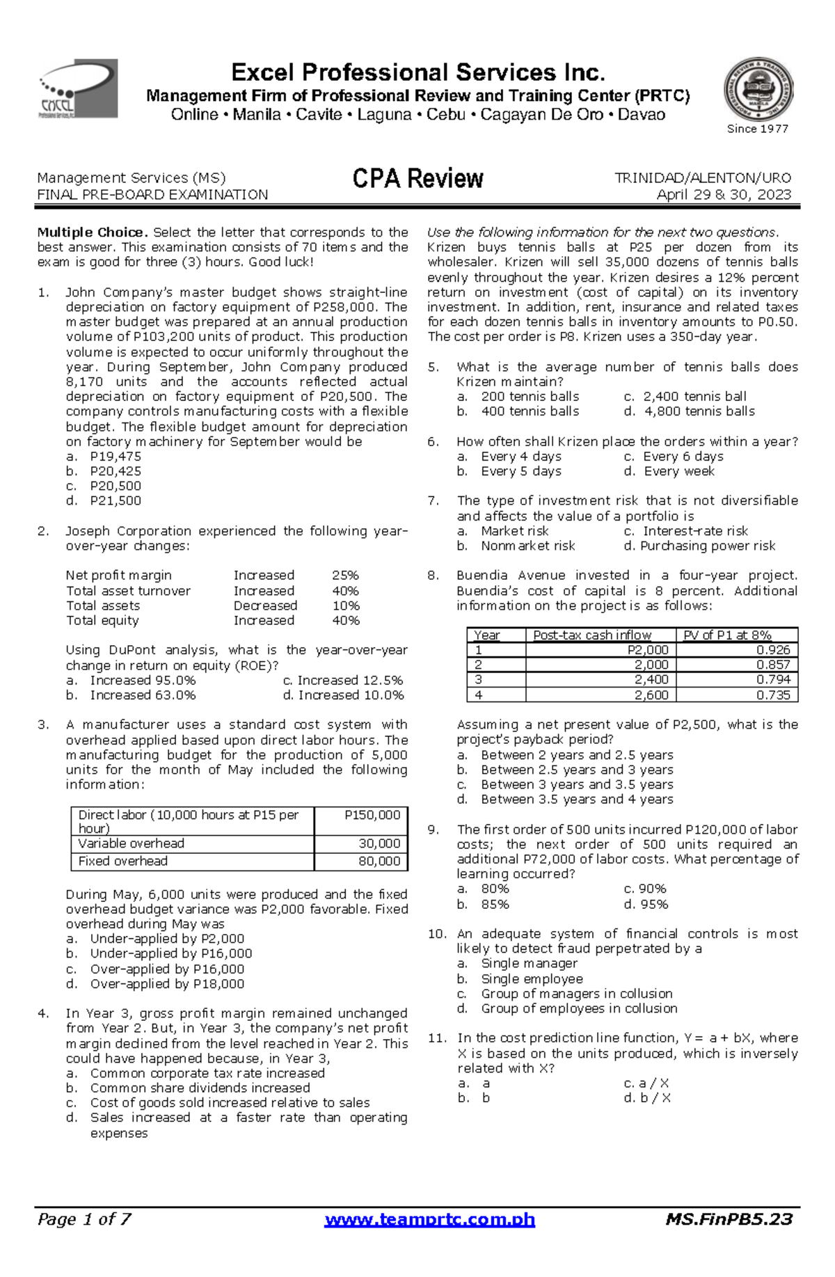 MS.FinPB5.23 Team PRTC Final Exam Review for CPA Multiple Choice - Studocu