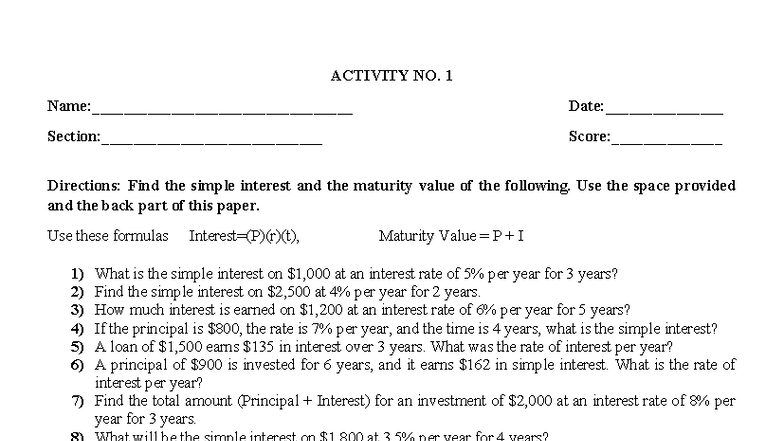 Activity No. 1: Simple Interest Calculations for Genmath Q2 - Studocu