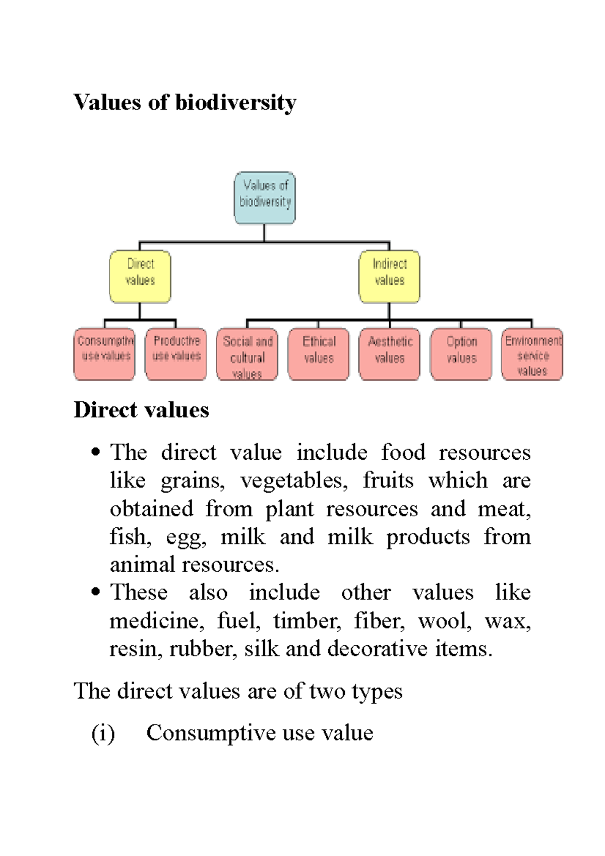 Values of biodiversity - Values of biodiversity Direct values The direct value include food ...