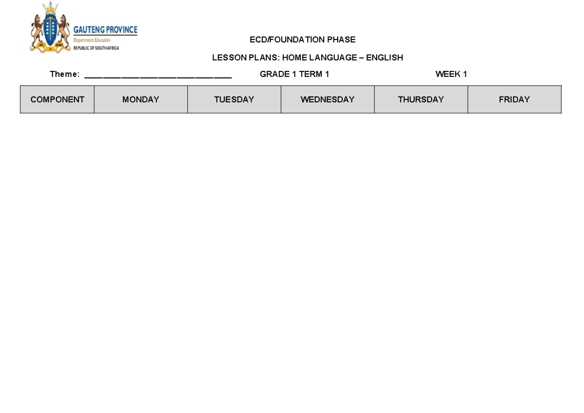 Lesson Plans EHL Grade 1 Term 1 - ECD/FOUNDATION PHASE LESSON PLANS ...