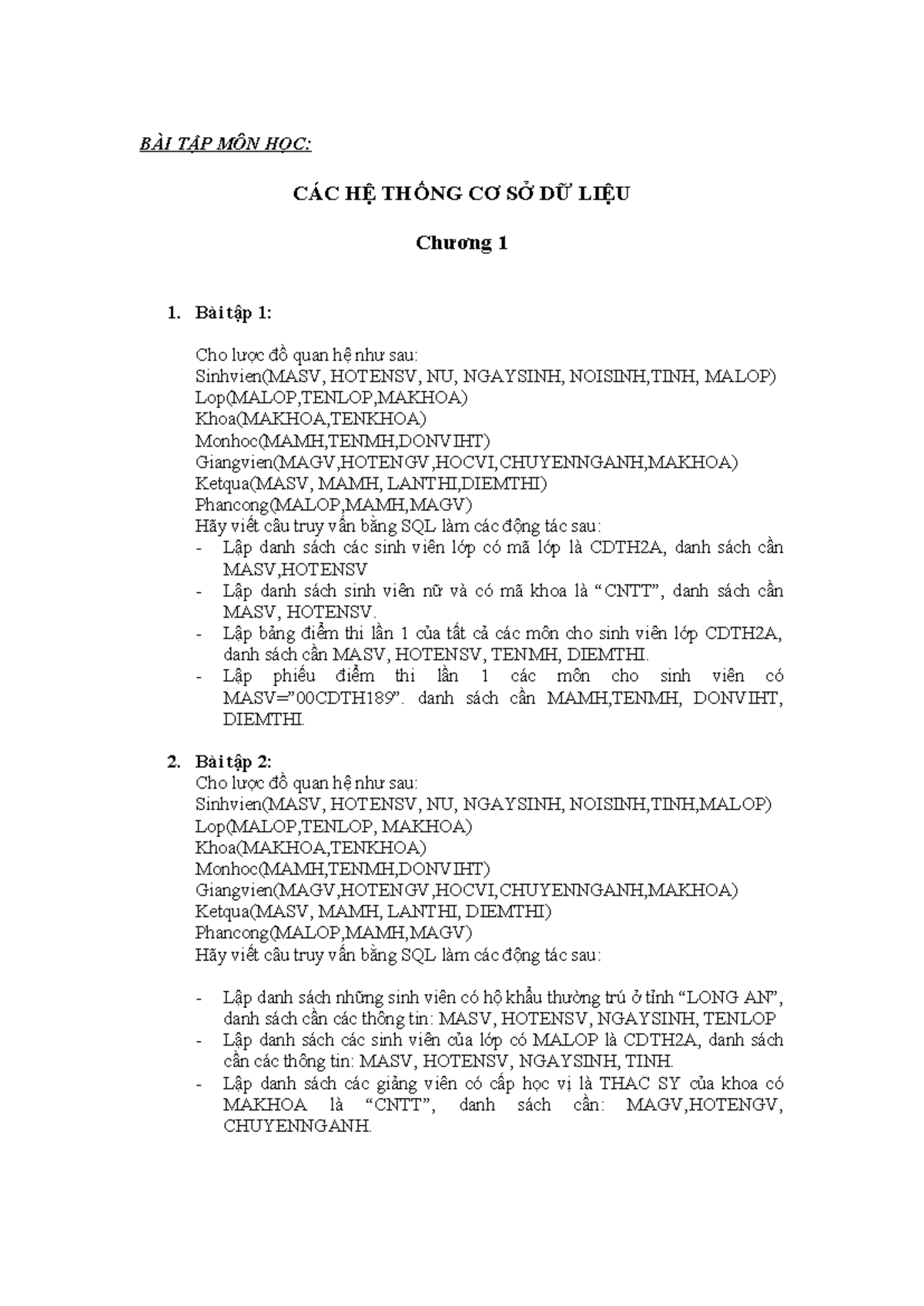 Bài Tập SQL - Hệ Thống Cơ Sở Dữ Liệu (SQL) - Studocu