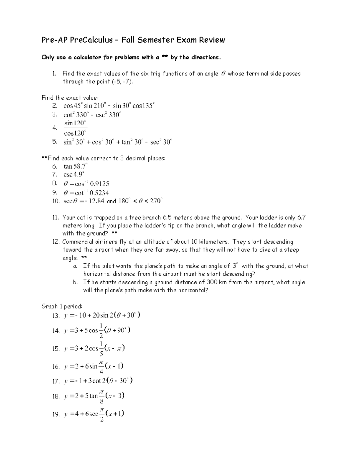 Fall semester exam review - Pre-AP PreCalculus – Fall Semester Exam ...