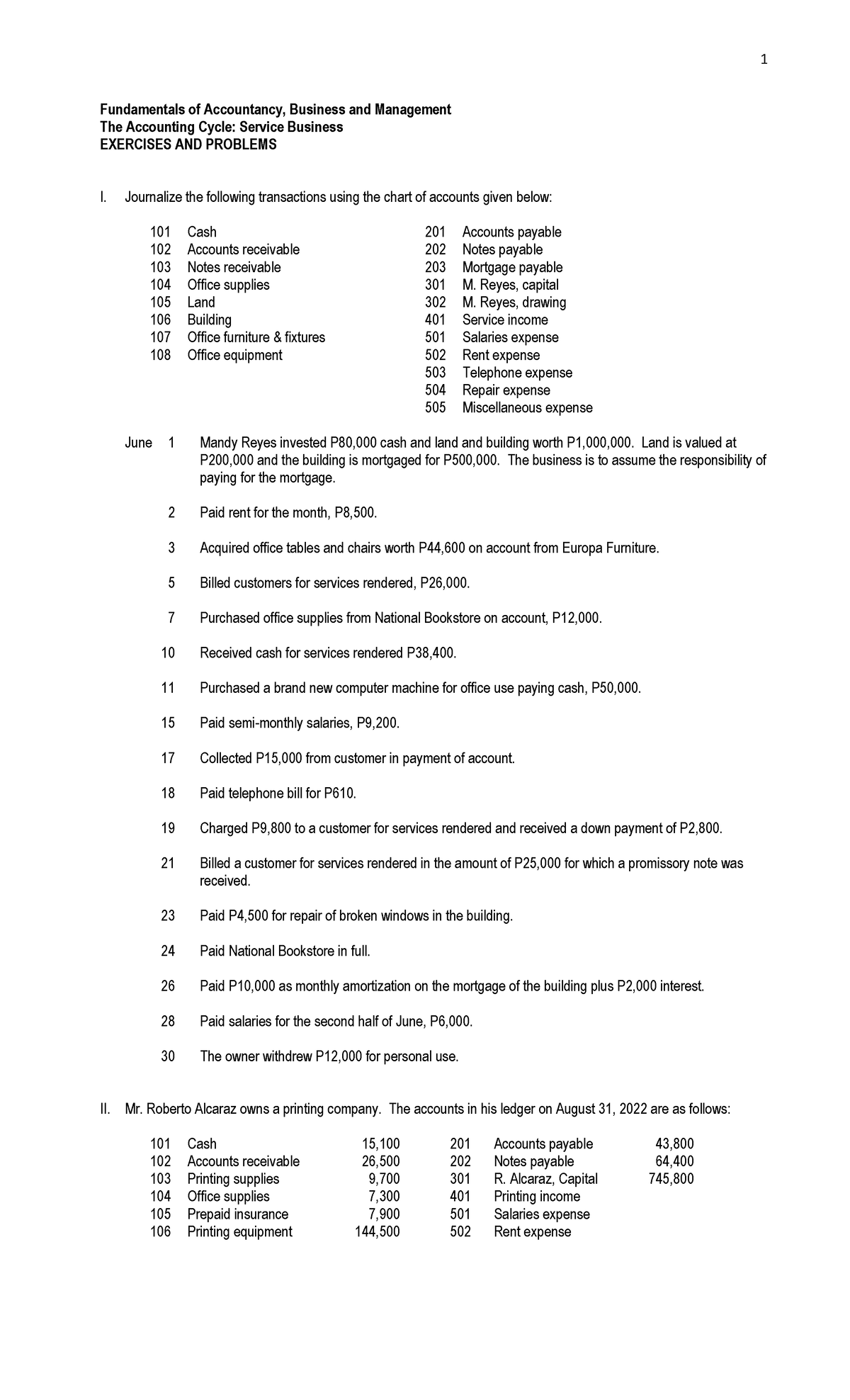 03 Accounting Cycle Exercises and Problems for Service Businesses - Studocu