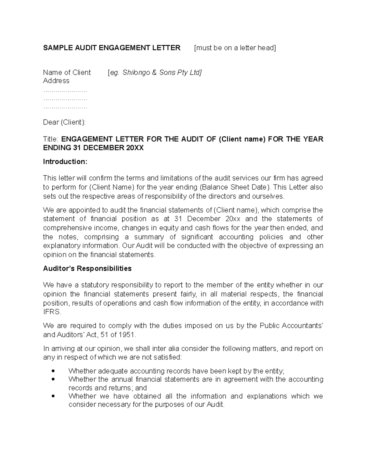 Engagement Letter for Audit Services (Client Name) - Sample Document ...