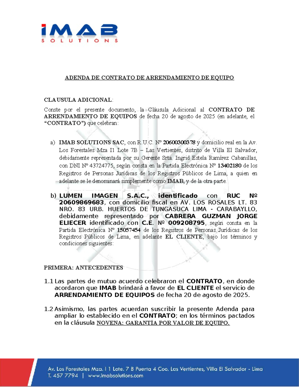 Adenda al Contrato de Arrendamiento de Equipos - LUMEN - Studocu