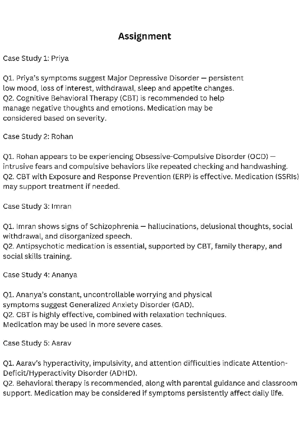 Assignment Case Study 1: Mental Health Disorders & Treatments - Studocu