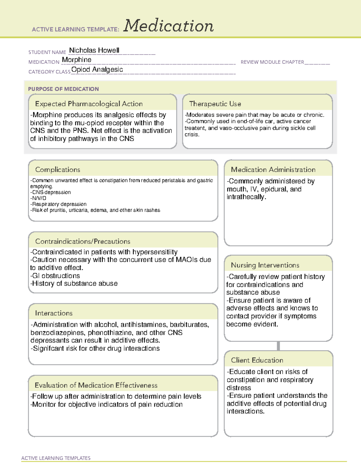 Medication Worksheet Morphine - ACTIVE LEARNING TEMPLATES Medication ...