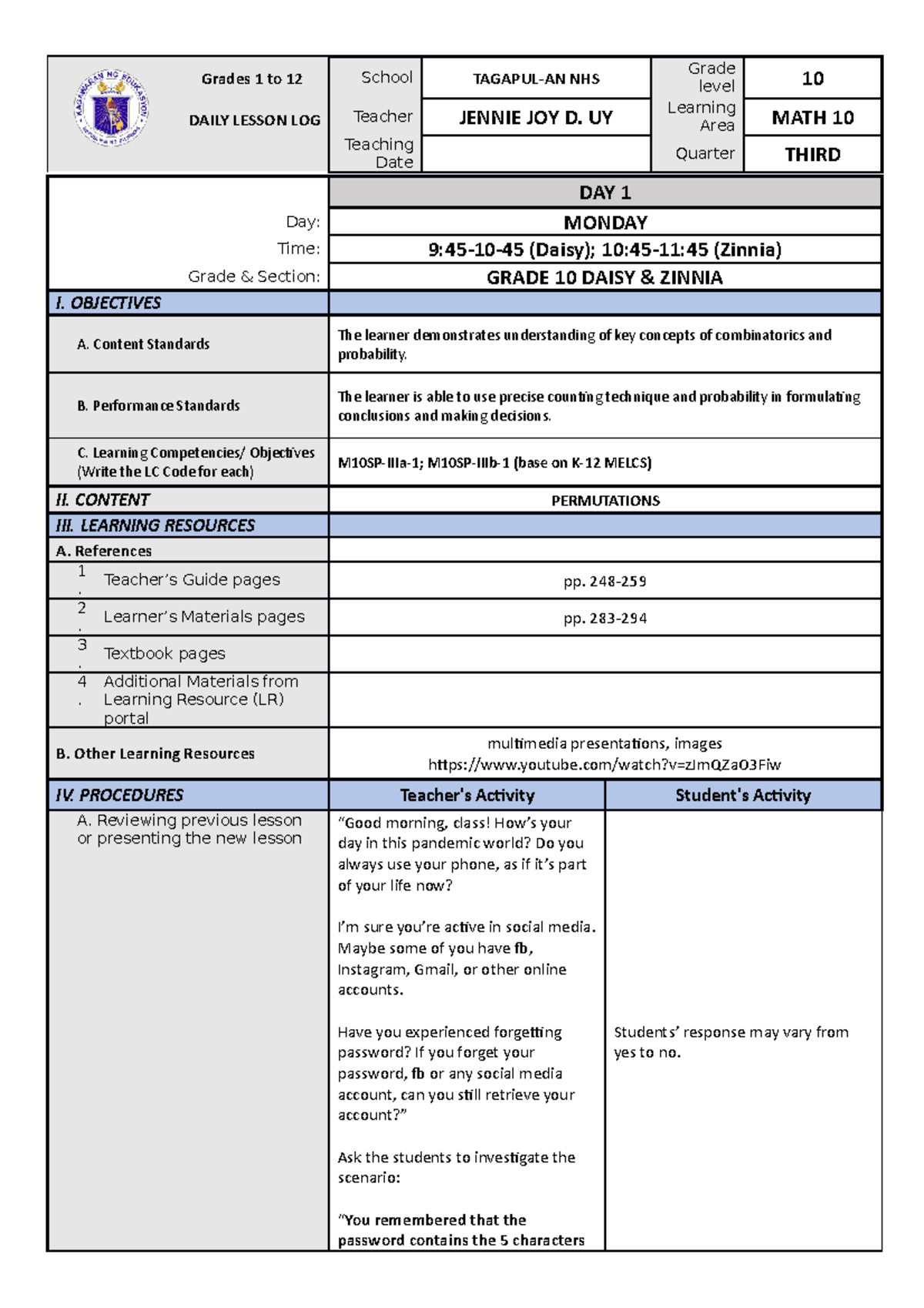 Objective 16 Lesson Plan Annotations - Grades 1 to 12 DAILY LESSON LOG ...